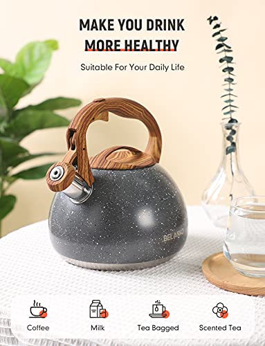 Tea Kettle, 2.7 Quart BELANKO Teapot for Stovetops Wood Pattern Handle with Loud Whistle Food Grade Stainless Steel Tea Pot Water Kettle - Gray