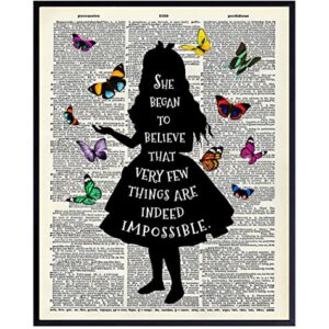 Alice Wonderland Quote Upcycled Dictionary Wall Decor Print - 8x10 Home Art Poster - Unique Room Decorations for Bedroom, Office, Girls or Kids Room - Unique Gift - Unframed Photo