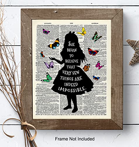 Alice Wonderland Quote Upcycled Dictionary Wall Decor Print - 8x10 Home Art Poster - Unique Room Decorations for Bedroom, Office, Girls or Kids Room - Unique Gift - Unframed Photo