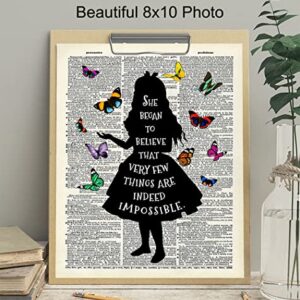 Alice Wonderland Quote Upcycled Dictionary Wall Decor Print - 8x10 Home Art Poster - Unique Room Decorations for Bedroom, Office, Girls or Kids Room - Unique Gift - Unframed Photo