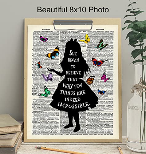 Alice Wonderland Quote Upcycled Dictionary Wall Decor Print - 8x10 Home Art Poster - Unique Room Decorations for Bedroom, Office, Girls or Kids Room - Unique Gift - Unframed Photo