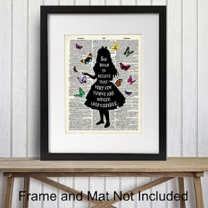 Alice Wonderland Quote Upcycled Dictionary Wall Decor Print - 8x10 Home Art Poster - Unique Room Decorations for Bedroom, Office, Girls or Kids Room - Unique Gift - Unframed Photo