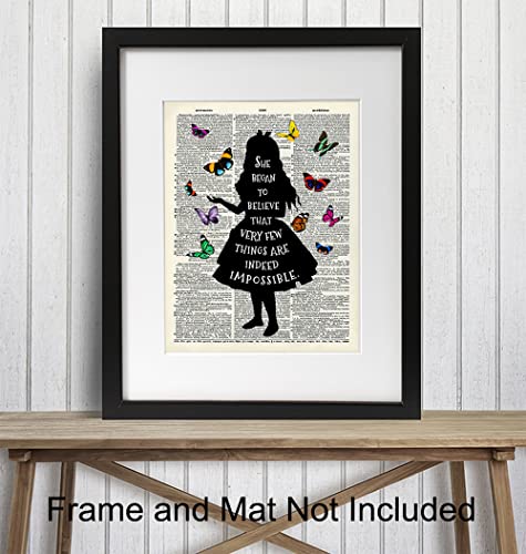 Alice Wonderland Quote Upcycled Dictionary Wall Decor Print - 8x10 Home Art Poster - Unique Room Decorations for Bedroom, Office, Girls or Kids Room - Unique Gift - Unframed Photo