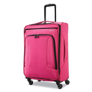 american tourister 4 kix expandable softside luggage with spinner wheels, pink, checked-medium 25-inch