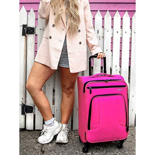 American Tourister 4 Kix Expandable Softside Luggage with Spinner Wheels, Pink, Checked-Medium 25-Inch