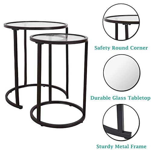 RiteSune Round Glass Black Nesting Side End Accent Tables Set of 2, Small Stacking Coffee Table for Small Space Living Room, Bedroom, Christmas, New Year (Black)