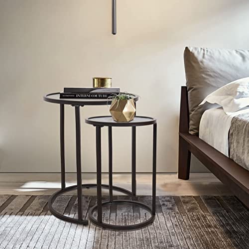 RiteSune Round Glass Black Nesting Side End Accent Tables Set of 2, Small Stacking Coffee Table for Small Space Living Room, Bedroom, Christmas, New Year (Black)