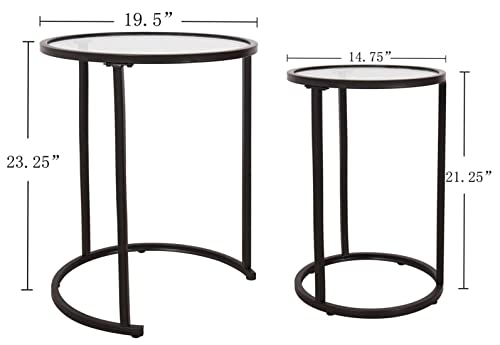 RiteSune Round Glass Black Nesting Side End Accent Tables Set of 2, Small Stacking Coffee Table for Small Space Living Room, Bedroom, Christmas, New Year (Black)