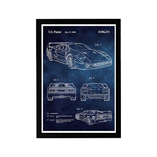 Wynwood Studio Sports Cars and Automobiles Man Cave Framed Wall Art Painting Photography Print 'Ferrari F40 1990 Blue Chalkboard' Home Décor for Men in Blue and White, 19x13