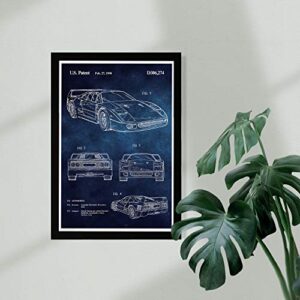 Wynwood Studio Sports Cars and Automobiles Man Cave Framed Wall Art Painting Photography Print 'Ferrari F40 1990 Blue Chalkboard' Home Décor for Men in Blue and White, 19x13