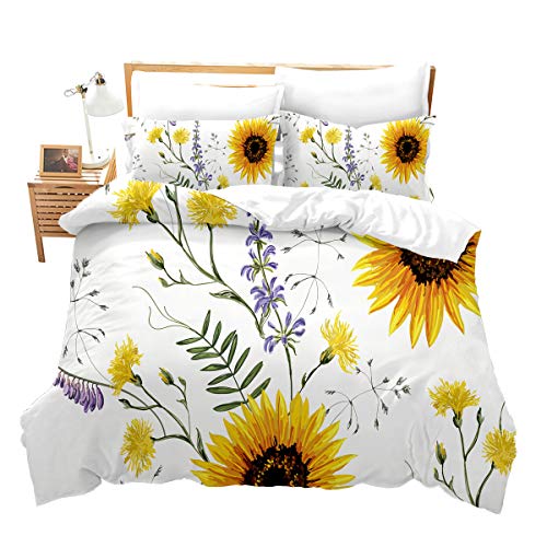 Feelyou Sunflower Duvet Cover Set Twin Size for Girls Cool 3D Floral Flowers Pattern Bedding Set Pastoral Comforter Cover with 1Pillow Shams Zipper Ultra Soft Microfiber Botanical Bedspread Cover