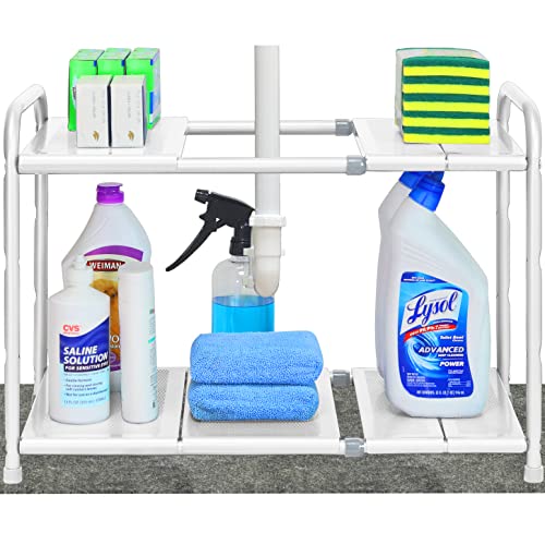 Simple Houseware Under Sink 2 Tier Expandable Heavy Duty Metal Shelf Organizer Rack, White (Expand from 15 to 25 inches)