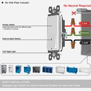 4Pack SOZULAMP Illuminated Light Switch-Esay to Install,No Neutral Wire,Single-Pole Decorator Paddle Rocker Light Switch with Night Light,15Amp 120/277Volt,Glossy White