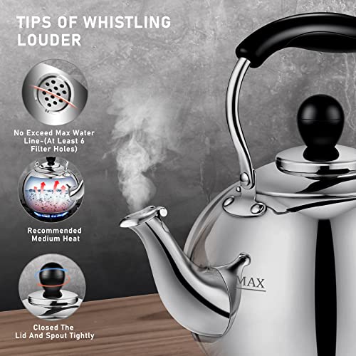 DclobTop Stove Top Whistling Tea Kettle 2.5 Quart Classic Teapot Mirror Polished Culinary Grade Stainless Steel Teapot for Stovetop