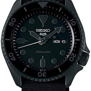 SEIKO SRPD79 Watch for Men - 5 Sports - Automatic with Manual Winding Movement, Black Dial with Black Bezel, Black Ion Stainless Steel Case, Black Nylon Strap, and Day/Date Display