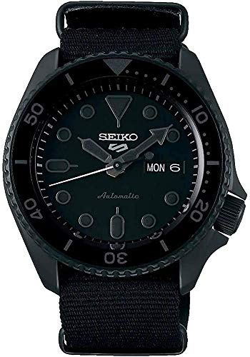 SEIKO SRPD79 Watch for Men - 5 Sports - Automatic with Manual Winding Movement, Black Dial with Black Bezel, Black Ion Stainless Steel Case, Black Nylon Strap, and Day/Date Display