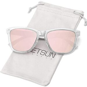 meetsun polarized sunglasses for women men classic retro designer style (clear frame/pink mirrored lens, 54)