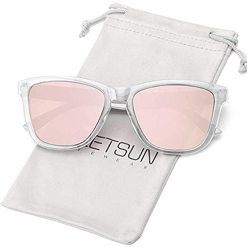 MEETSUN Polarized Sunglasses for Women Men Classic Retro Designer Style (Clear Frame/Pink Mirrored Lens, 54)