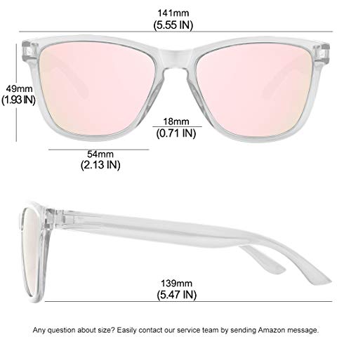 MEETSUN Polarized Sunglasses for Women Men Classic Retro Designer Style (Clear Frame/Pink Mirrored Lens, 54)