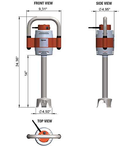 Dynamic Mixers SMX350ES Immersion Blender, Orange, 4.5" Diameter at bell (bottom of unit), 4.95" Diameter at top, 24.36" High