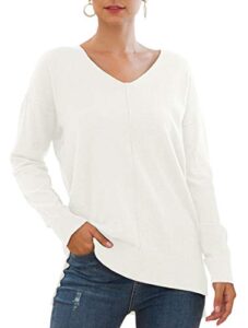 jouica women's casual v neck long sleeve knit top loose pullover sweater,beige white,large