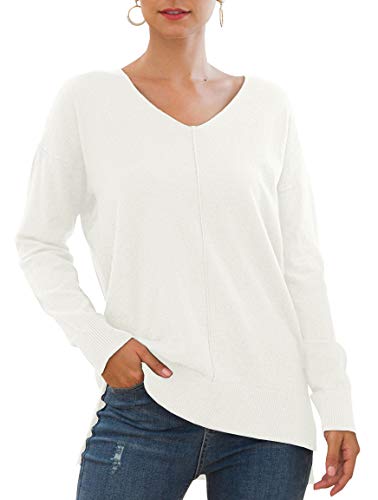 Jouica Women's Casual V Neck Long Sleeve Knit Top Loose Pullover Sweater,Beige White,Large