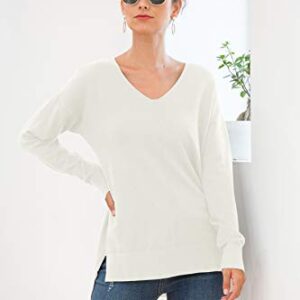 Jouica Women's Casual V Neck Long Sleeve Knit Top Loose Pullover Sweater,Beige White,Large