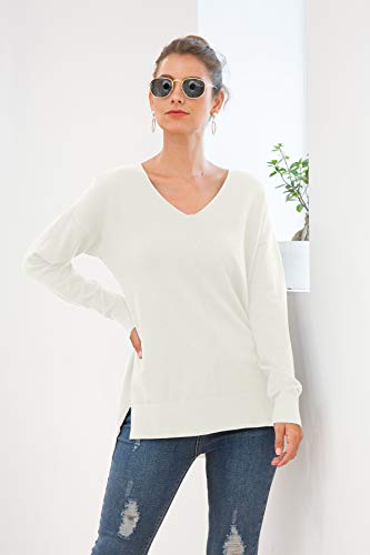 Jouica Women's Casual V Neck Long Sleeve Knit Top Loose Pullover Sweater,Beige White,Large