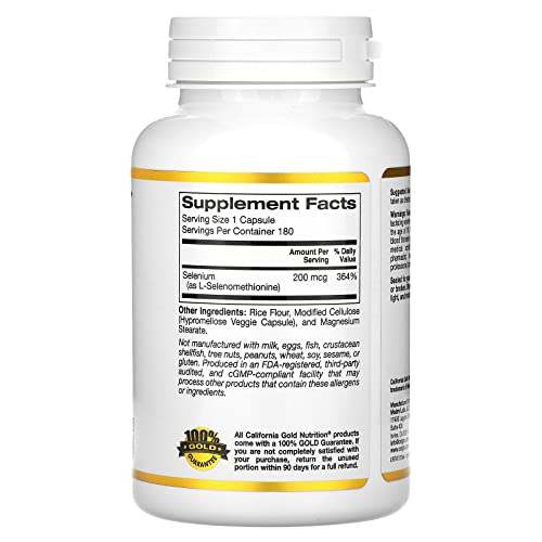 Selenium, L-Selenomethionine, Essential Mineral Antioxidant Support, Yeast-Free, 200 mcg, 180 Veggie Capsules