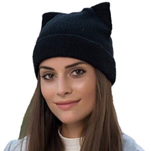 Women Pussy Hat Cat Ear Beanie Hat Wool Braided Knit Trendy Winter Warm Cap (Black) Braided Knit Trendy Winter Warm Cap