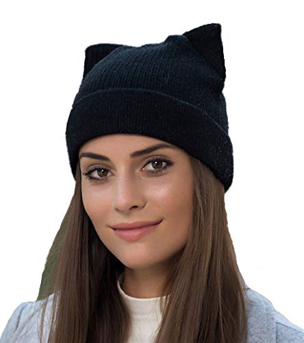 Women Pussy Hat Cat Ear Beanie Hat Wool Braided Knit Trendy Winter Warm Cap (Black) Braided Knit Trendy Winter Warm Cap