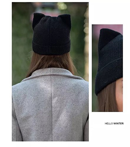 Women Pussy Hat Cat Ear Beanie Hat Wool Braided Knit Trendy Winter Warm Cap (Black) Braided Knit Trendy Winter Warm Cap