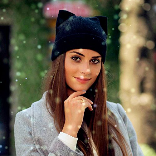 Women Pussy Hat Cat Ear Beanie Hat Wool Braided Knit Trendy Winter Warm Cap (Black) Braided Knit Trendy Winter Warm Cap