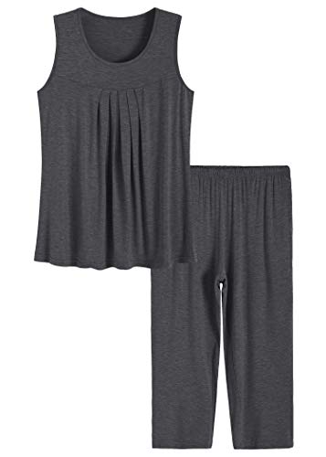 Latuza Women's Summer Pleated Tank Top Capris Pajamas Set M DarkGray