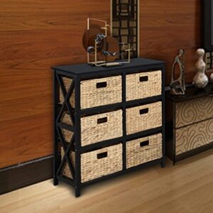 eHemco 3 Tier X-Side End Storage Cabinet with 6 Wicker Baskets, Black