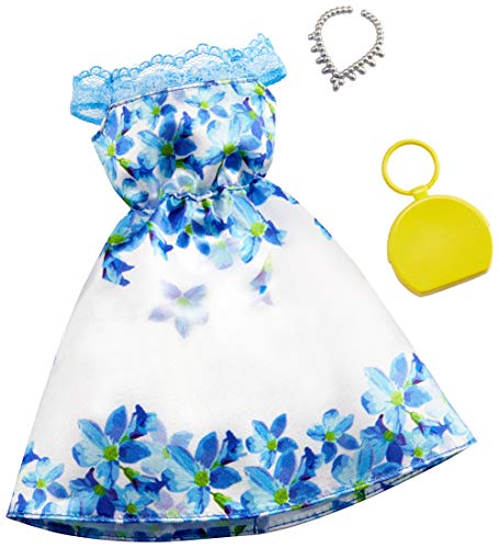 Barbie Clothes: White and Blue Floral Dress, Plus 2 Accessories Dolls, Gift for 3 to 7 Year Olds, Multicolor (GHW79)