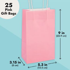 BLUE PANDA 25 Pack Gift Bags with Handles 5.3x3.2x9 Inches, Small Kraft Paper Bag for Birthday, Wedding Party Favors (Pink)