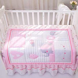 La Premura Baby Elephant Nursery Crib Bedding Set for Girls – Pink Elephant & Love Balloons 3-Piece Standard Size Crib Set, Pink & Gray