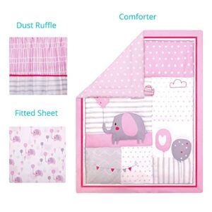 La Premura Baby Elephant Nursery Crib Bedding Set for Girls – Pink Elephant & Love Balloons 3-Piece Standard Size Crib Set, Pink & Gray