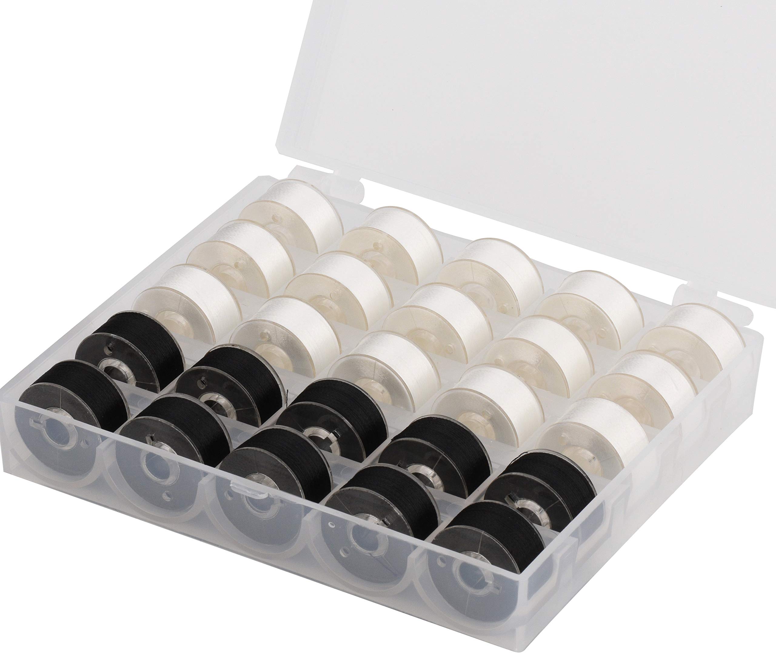 Simthread 25pcs 15White+10Black Prewound Bobbin Thread Size A Class 15 (SA156) 60WT with Clear Storage Plastic Case Box 70D/2 for Brother Embroidery Thread Sewing Thread Machine DIY