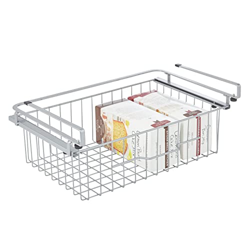 mDesign Large Metal Wire Hanging Pullout Drawer Basket - Sliding Under Shelf Storage Organizer - Attaches to Shelving - Easy Install - Silver