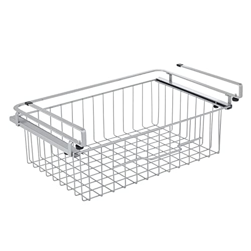 mDesign Large Metal Wire Hanging Pullout Drawer Basket - Sliding Under Shelf Storage Organizer - Attaches to Shelving - Easy Install - Silver