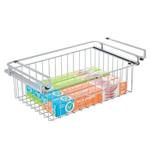 mDesign Large Metal Wire Hanging Pullout Drawer Basket - Sliding Under Shelf Storage Organizer - Attaches to Shelving - Easy Install - Silver