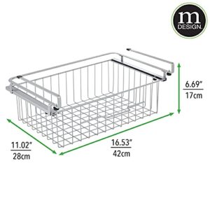 mDesign Large Metal Wire Hanging Pullout Drawer Basket - Sliding Under Shelf Storage Organizer - Attaches to Shelving - Easy Install - Silver