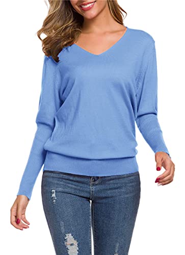 Women's Long Sleeves V Neck Cashmere Blend Sweater, Batwing Sleeves Women Tops Fall Sweaters, X01 V Neck Bat Sleeve Blue, US Large = Tag 4XL