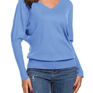 Women's Long Sleeves V Neck Cashmere Blend Sweater, Batwing Sleeves Women Tops Fall Sweaters, X01 V Neck Bat Sleeve Blue, US Large = Tag 4XL