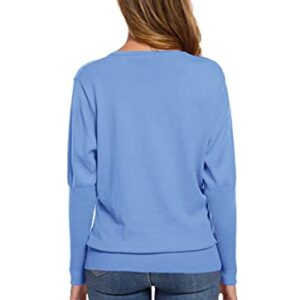 Women's Long Sleeves V Neck Cashmere Blend Sweater, Batwing Sleeves Women Tops Fall Sweaters, X01 V Neck Bat Sleeve Blue, US Large = Tag 4XL