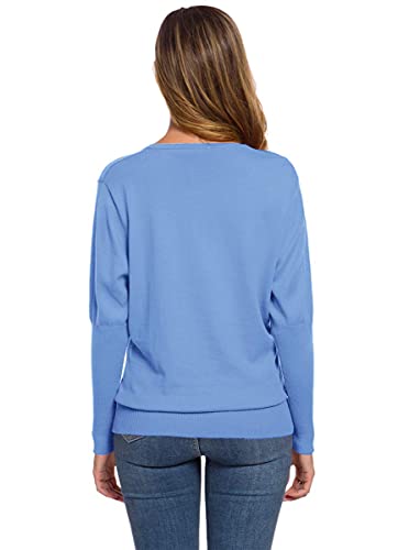 Women's Long Sleeves V Neck Cashmere Blend Sweater, Batwing Sleeves Women Tops Fall Sweaters, X01 V Neck Bat Sleeve Blue, US Large = Tag 4XL