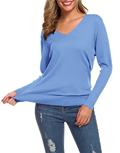 Women's Long Sleeves V Neck Cashmere Blend Sweater, Batwing Sleeves Women Tops Fall Sweaters, X01 V Neck Bat Sleeve Blue, US Large = Tag 4XL