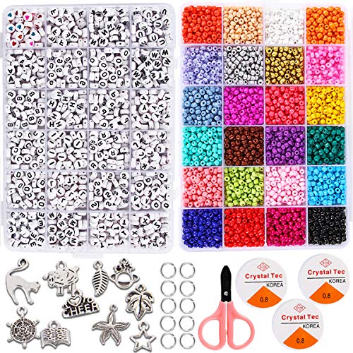 Goody King Bracelet Making Kit Friendship Bracelet Kit Jewelry Making Beads - 5000+pcs Bead Craft Kit Set, Glass Pony Seed Letter Alphabet DIY Art and Craft - Gift for Her Women Kid Age 6 7 8 9 (4mm)